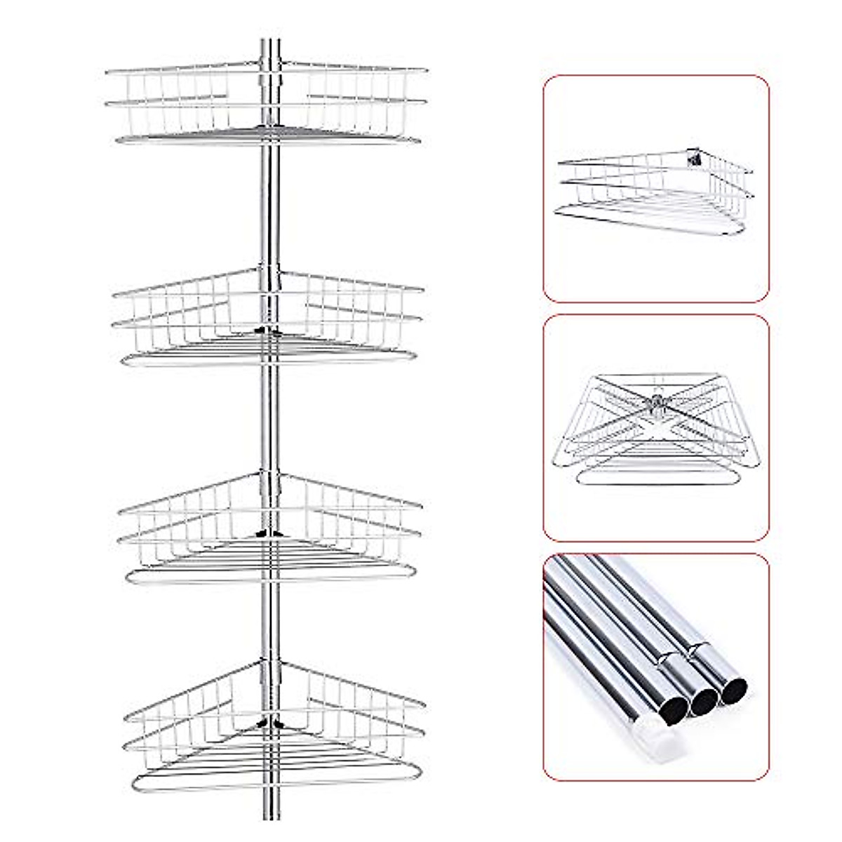 Gdrasuya10 4-Tier Bathroom Shower Shelf Rack storage basket with hook Constant Tension Corner Shower Caddy Shower Tension Pole Caddy 4-Shelf Rustproof Shower Tension Pole Caddy