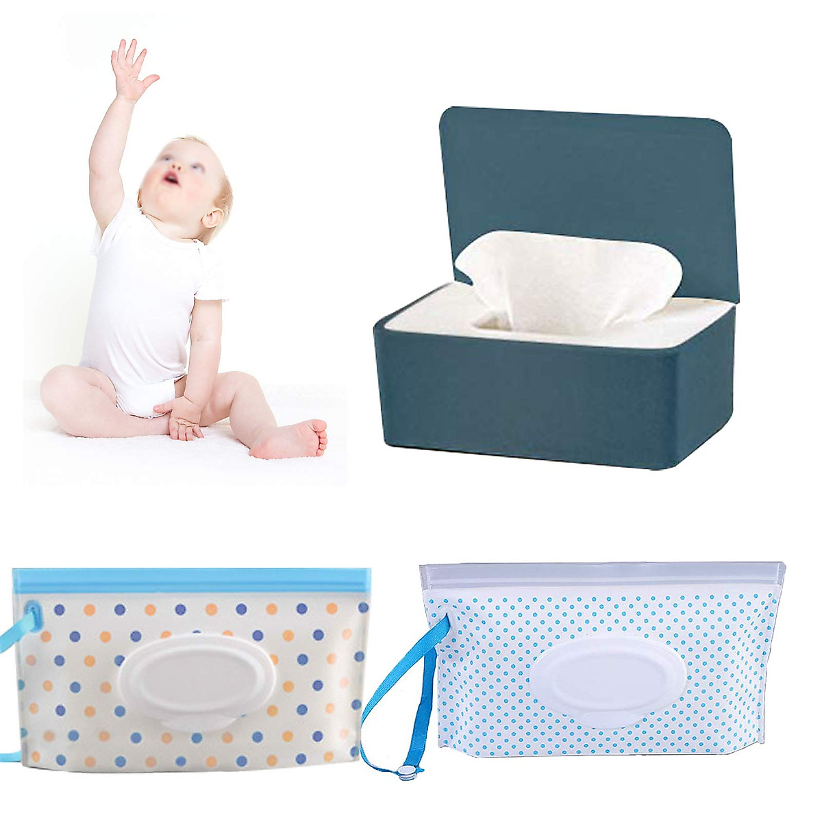 Baby Wipes Dispenser Set, Reusable Baby Wipe Holder Box, Refillable Baby Wipes Container Travel Wet Wipes Case with Reusable Wipes Pouch for Baby Home Kitchen Office Travel 3 PCS