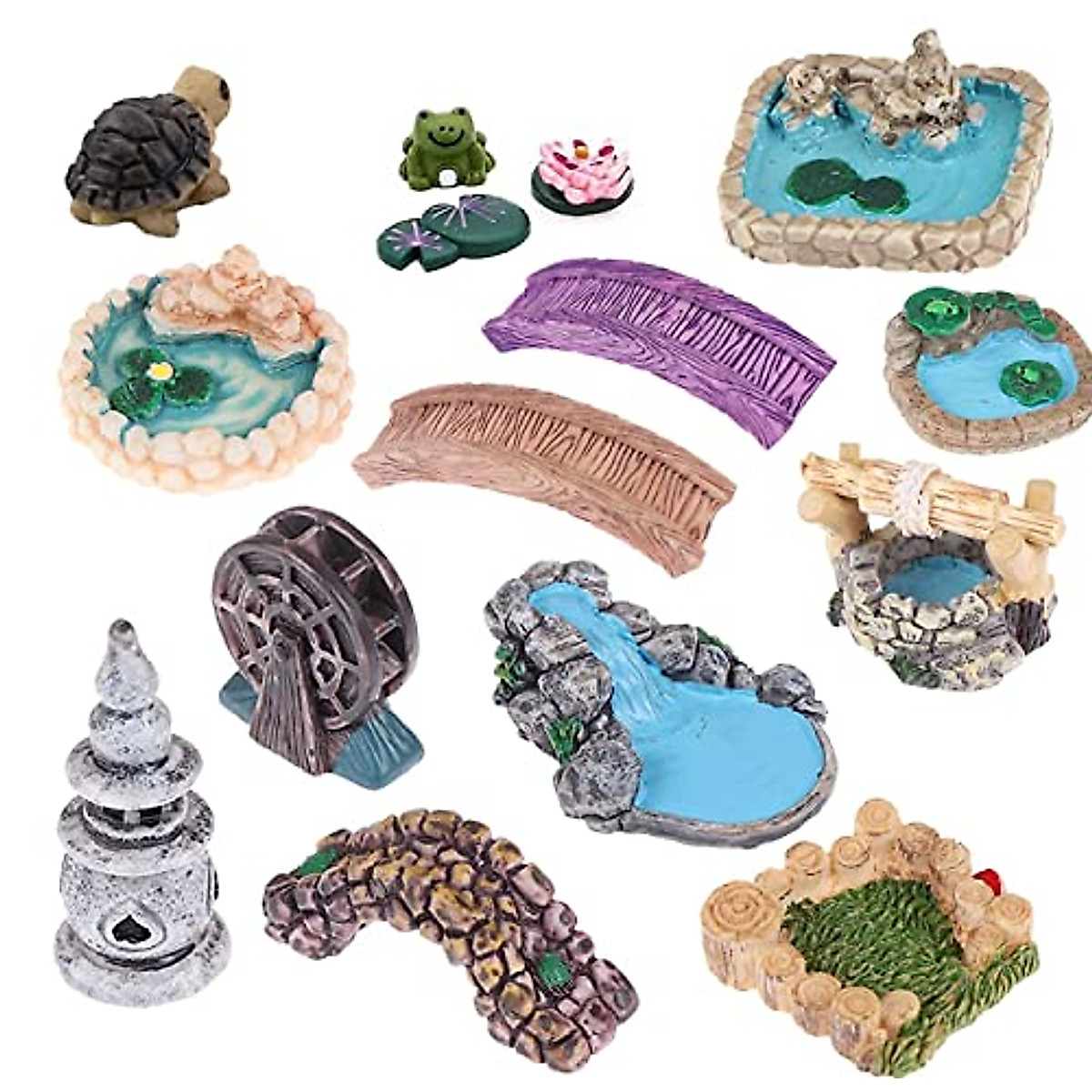 Miniature Fairy Garden Accessories Outdoor - 15 Pieces DIY Crafts Kit for Dollhouse Plants Bonsai Decoration, Pond Bridge Water Well Figurines Mini Lawn Garden Ornament for Micro Landscape Yard