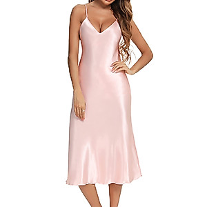 Litherday Satin Slip Gress Lingerie Silk Nightgown Long Silk Slip Dress Nightdress Spaghetti Strap Silky Sleep Dress Chemise Nighties Soft V Neck Nightwear Pink-long