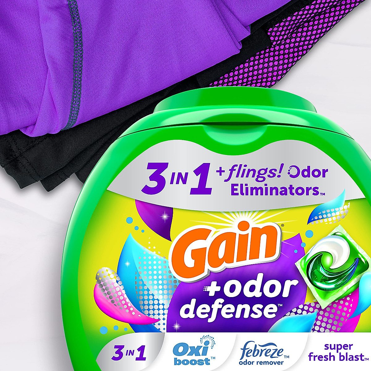 Gain Flings Laundry Detergent Pacs with Odor Defense, HE Compatible, 3in1 with Febreze and Oxi, Super Fresh Blast Scent, 81 Count