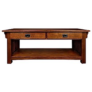 Leick Home 8204 Mission Impeccable Coffee Table for Living Room, Two Drawers and Shelf, Made with Solid Wood, Medium Oak Finish