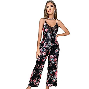 WDIRARA Women's Satin Pajamas Floral Backless Camisole and Pants Summer Pj Lounge Set Black S
