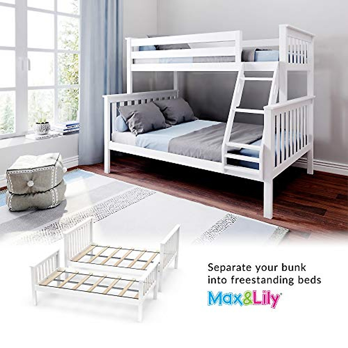 Max & Lily Bunk Bed, Twin-Over-Full Wood Bed Frame For Kids, White