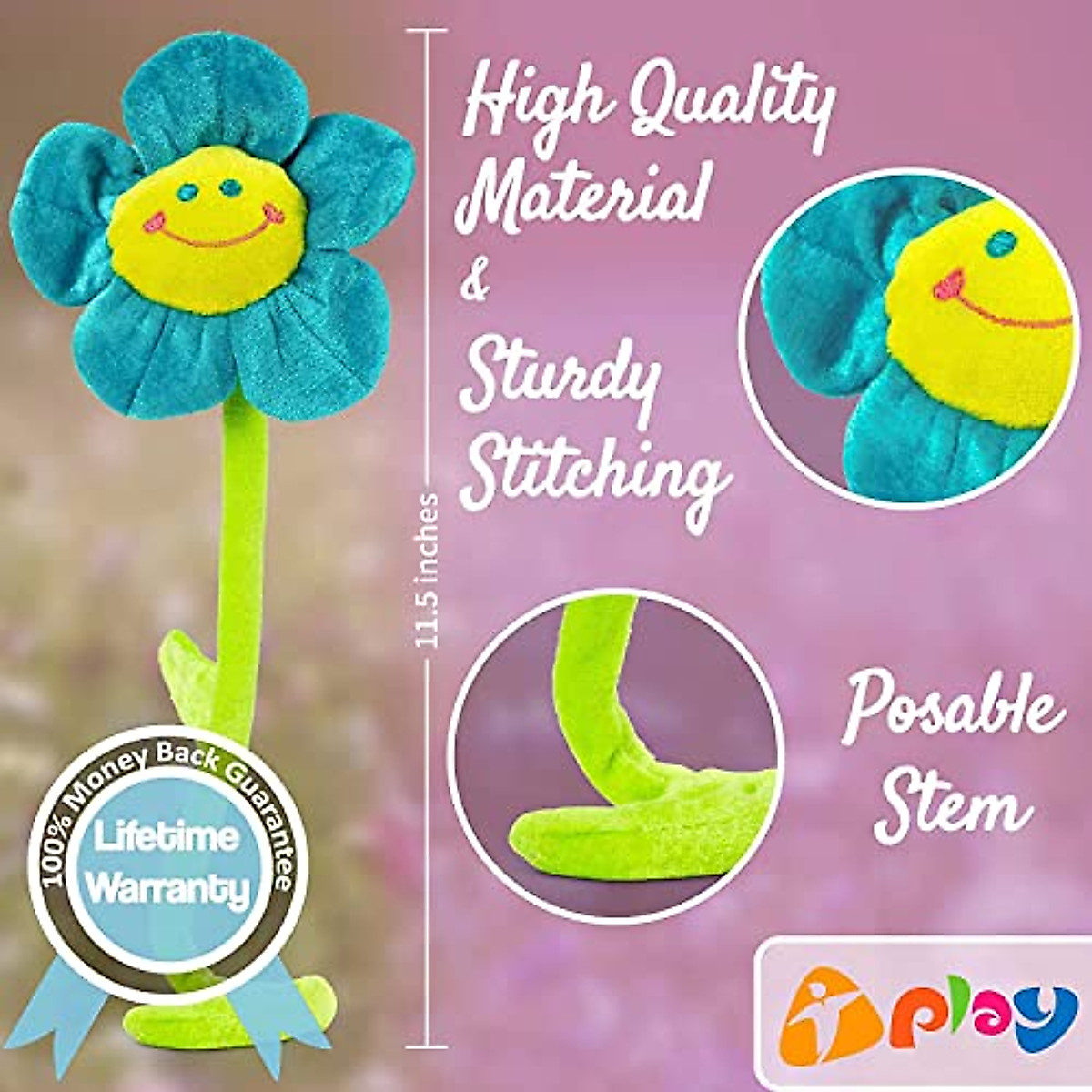 T play Plush Flower Bendable Stems Colorful Stuffed Flowers Plush Toy Durable Plush Daisy Flower Bouquet with Happy Smiley Face Toy Flower Sunflower Plushie Gift for Kids Baby Girl Toddlers 12" (12")