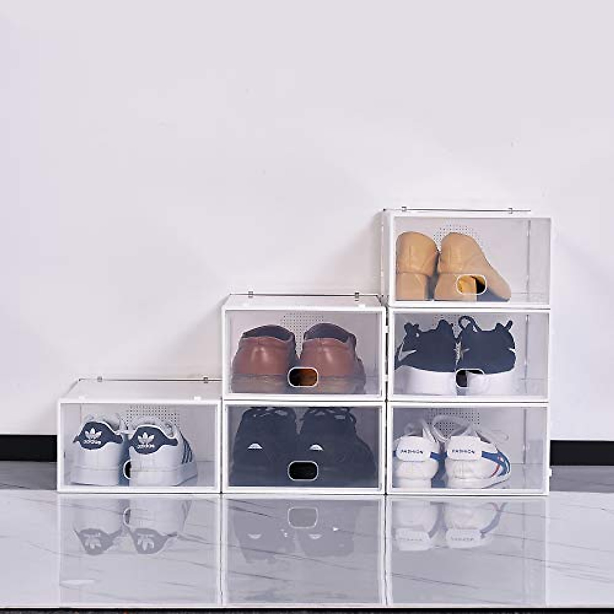 DHMAKER 6 pack Stackable Shoe Box, Thicken Foldable Clear Shoe Organizer, update Reinforced Design, Most Sturdy Shoe Storage Boxes - white