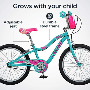 Schwinn Hazel Kids Bike, For Girls and Boys Ages 7 and Up, 20-Inch Wheels, Single Speed, With Training Wheels, Bag, and Flower Grip Ends, Suggested Rider Height 4'0" to 5'0", Teal