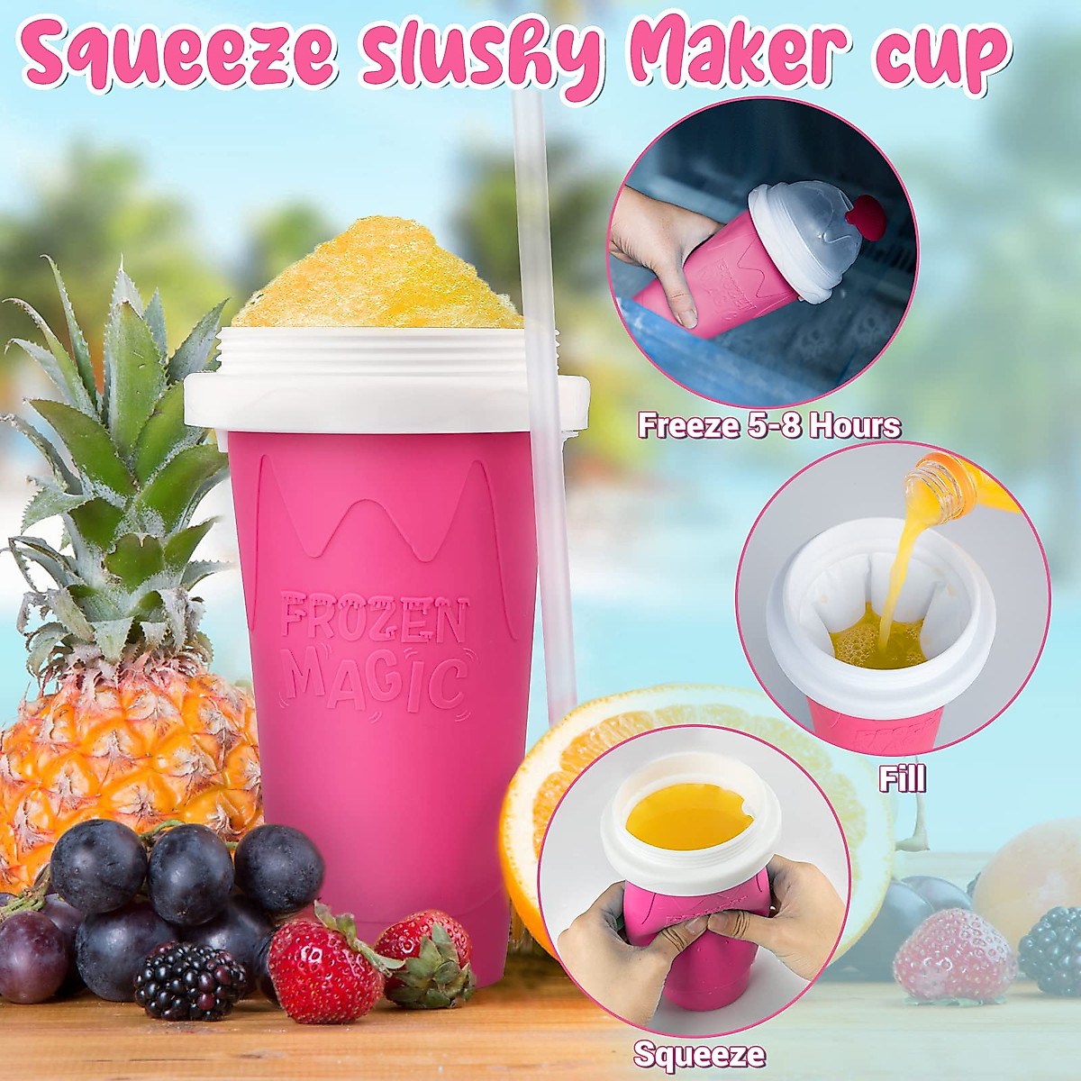 Slushie Maker Cup,FUROLD DIY Slushies Cup Frozen Magic Squeeze Cup Slush Cup Smoothies Double Layers w/Straw and Spoon, Homemade Slushie Machine, Ice Cream Maker Cool Stuff Birthday Gifts for Kids