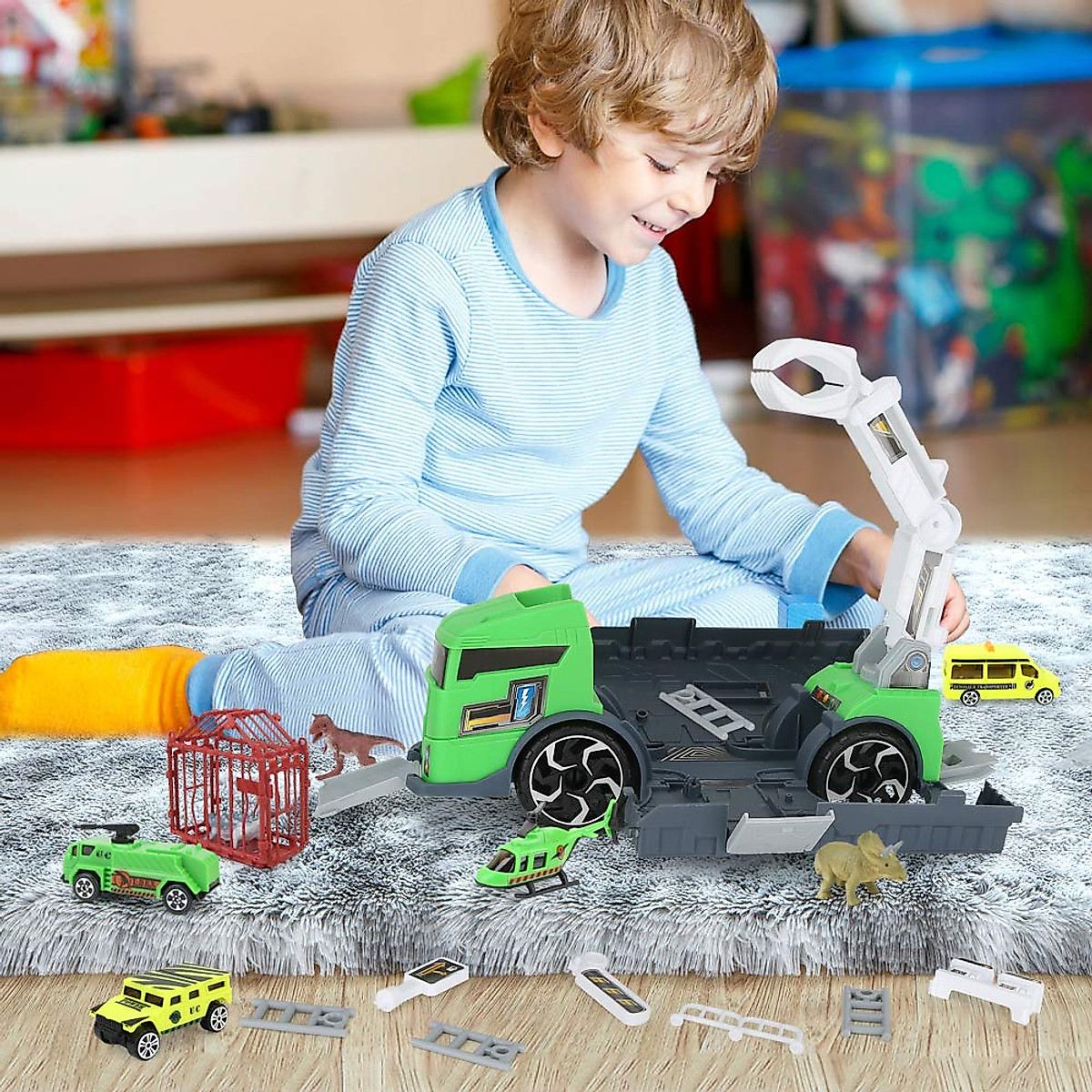 Siairo Dinosaur Toys, Dinosaur Truck Carrier, Dinosaur Transport Truck Car Toy for Kids 3 4 5 Year Old, with 3 Cars, 3 Dinosaurs, Manipulator, Helicopter, Cage, Gift for Boys Kids Toddlers