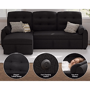 Ucloveria Sectional Sofa Couch, 87" Sleeper Sofa Bed with Reversible Storage Chaise Pull Out Couch for Living Room | Side Pocket | Charging Station | Removable Backrest | Linen Fabric, Black