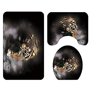 Tiger Bathroom Set Bath Rugs Bathroom Accessory Sets Lion Tiger Wolf Printing Shower Curtain mat Four Sets of Bathroom Toilet Anti-Skid Absorbent Carpet Foreign Trade Four-Piece (Tiger)