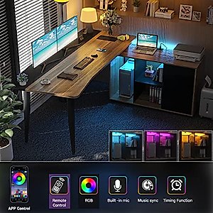 Unikito L Shaped Desk with File Cabinet & Power Outlet, 55 Inch Large Corner Computer Desks with LED Strip, L-Shaped Computer Desk with Door and Storage Shelves for Home Office, Rustic Walnut