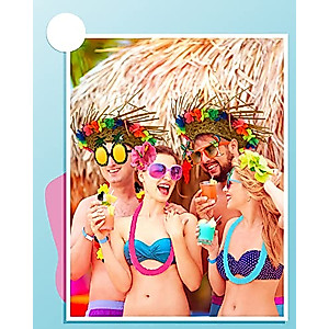 SATINIOR 84 Pieces Hawaiian Luau Party Accessories Hawaiian Leis Bulk Beachcomber Straw Hat Luau Party Sunglasses Tropical Flower Hair Clips and Plastic Leis Set for Summer Beach Costume Supplies