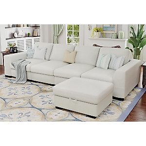 Youmumeub Oversized Modular Sectional Couch with 4 Lumbar Pillows, L Shaped Couches for Living Room, 130" 4 Seater Sofas with Storage Ottoman U Shaped Sofa, Beige