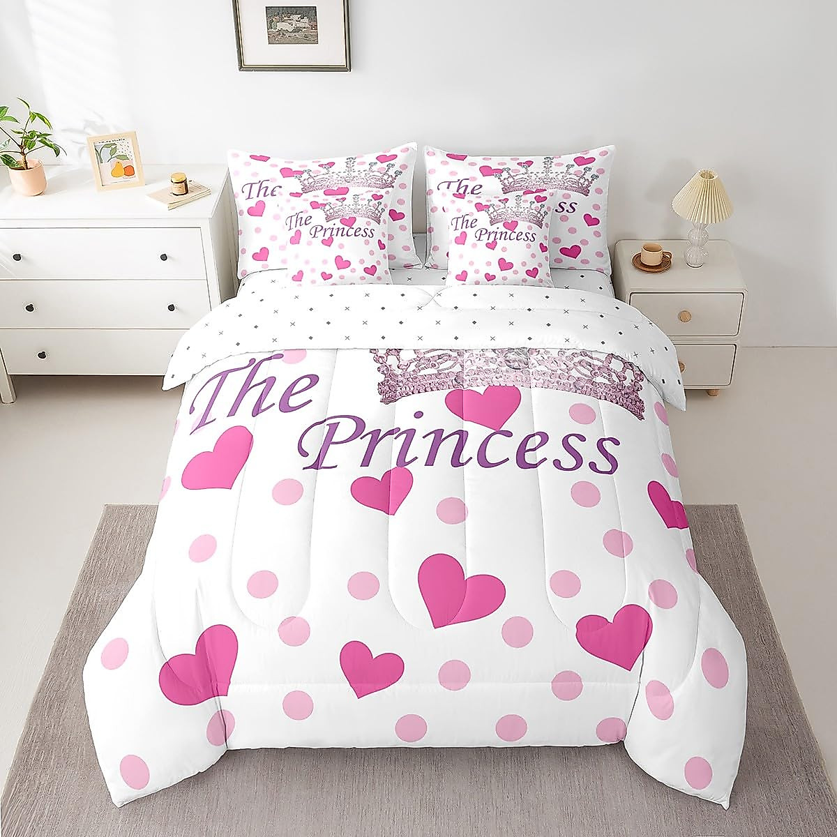 7 Pieces The Crown Comforter Set Twin, Fashion Princess Crown Bedding for Kids Girls, Rose Pink Hearts Dots Print Bed Set(1 Comforter,1 Fitted Sheet,1 Flat Sheet,2 Pillowcases,2 Throw Pillow Cover)