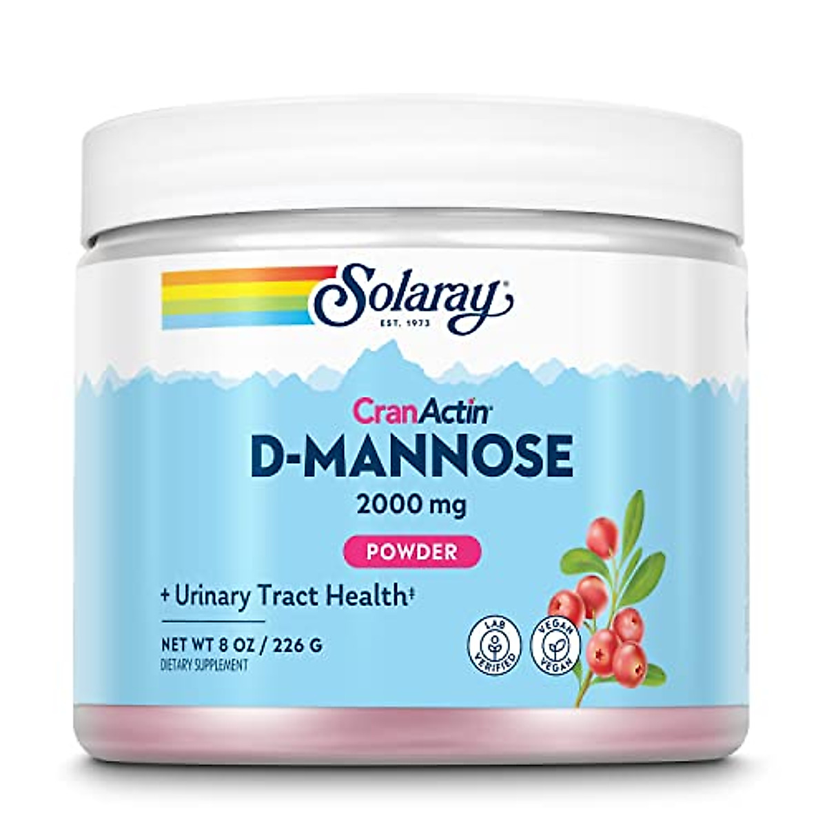 SOLARAY D-Mannose with CranActin Cranberry AF Extract Powder, 2000 mg, 400 mg of Cranberry Extract, Healthy Urinary Tract Support, Organic Natural Lemon, Cranberry and Berry Flavor, 30 Servings, 8 oz