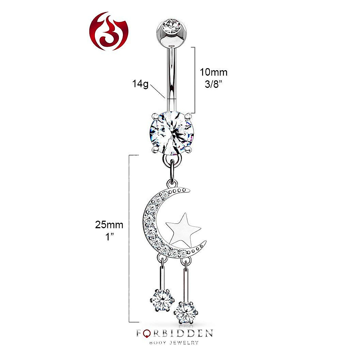 Forbidden Body Jewelry dangly belly button piercing, belly button rings moon and sun, dangly belly button jewelry, CZ Cresent moon and star cute belly button piercings. Silver Tone