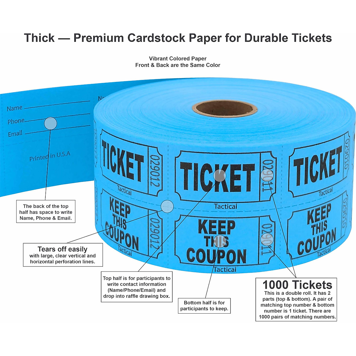 1000 Tacticai Blue Raffle Tickets (8 Colors Available), Double Roll, 2" x 2" Ticket for Events, Entry, Class Reward, Fundraiser & Prizes