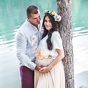 Baby Shower Maternity Sash Belly Belt, Mom to Be & Dad to Be Button Pin, Pregnancy Maternity Flower Sash Belt for Gender Reveal (Khaki)