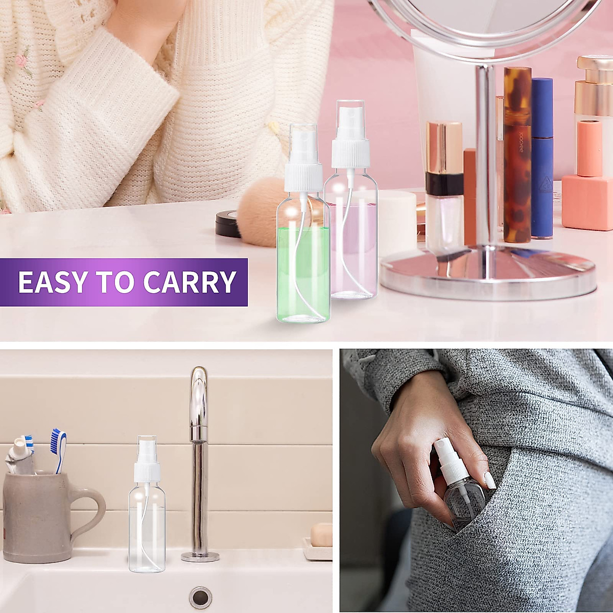 Mandydov 8 Pack Clear Empty Mini Little Spray Bottles, Fine Mist 2oz / 55ml Refillable Pocket Size Sprayer Plastic Mini Travel Bottle Set Makeup Bottles with 2Pcs Funnels and 4 Color Labels