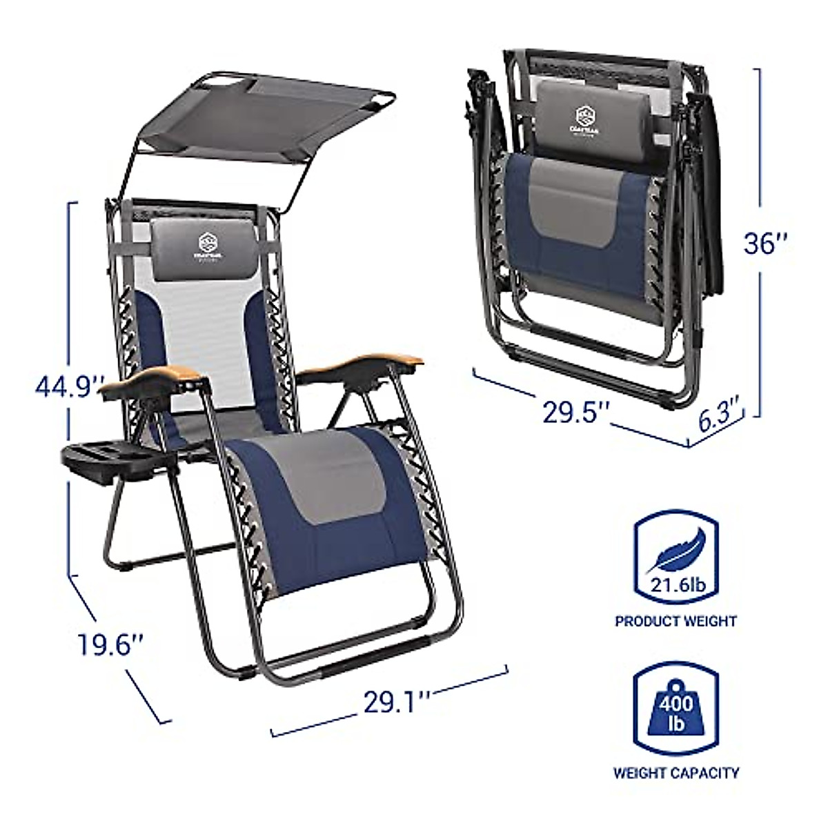 Coastrail Outdoor Zero Gravity Chair with Shade, 400lbs Capacity Mesh Back Padded Reclining Lounge Chair Plus Cup Holder, Table for Yard Patio Lawn Blue