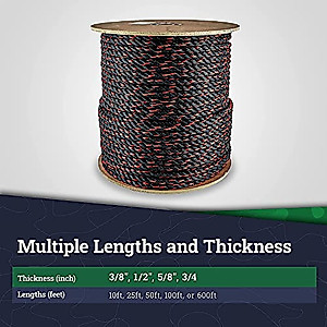 SGT KNOTS California Truck Rope - Twisted Polypropylene Rope for Cargo Straps, Tie-Downs, Gear Bundles, Boating, More (3/8" x 100ft, Black and Orange)
