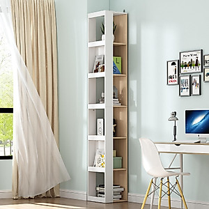 Homsee 6-Tier Corner Shelf Bookshelf, Two-Tone Corner Bookcase, Etagere Shelf Display Rack with Hidden Storage for Living Room, Home Office, Brown & White