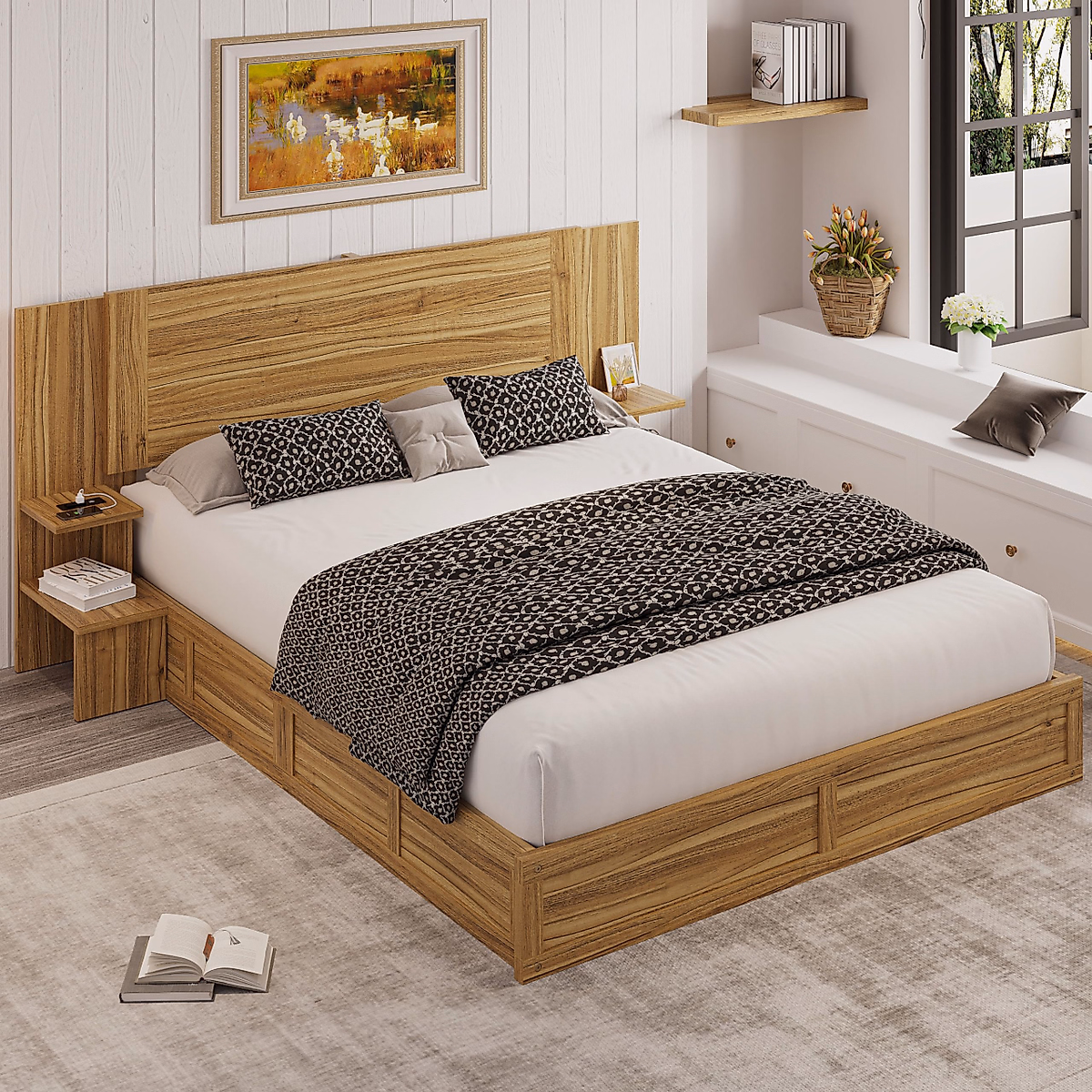 Queen Bed Frame with Rechargeable Nightstand, Wooden Platform Bed with Headboard, Sturdy and Noiseless, No Box Springs Needed, Easy to Assemble, Rustic Wood