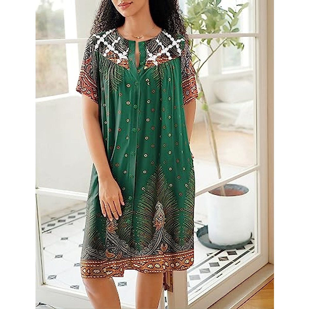 Ekouaer Women's House Dress Short Sleeve Sleepwear Mumu Lounge Wear Old Lady Nightgown Floral Print Night Dress with Pockets M