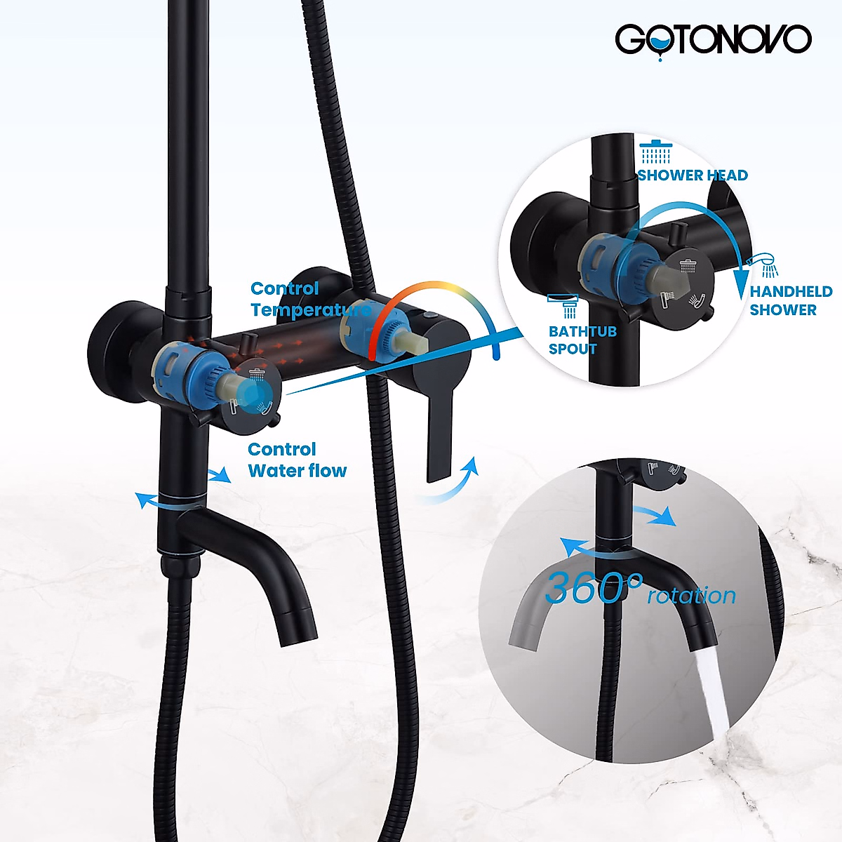 gotonovo Outside Shower Fixture Wall Mount Matte Black SUS 304 Stainless Steel Triple Function with Hand Sprayer and Tub Spout 8 Inch Rainfall Shower Head Shower faucet Set Bathroom Complete Set