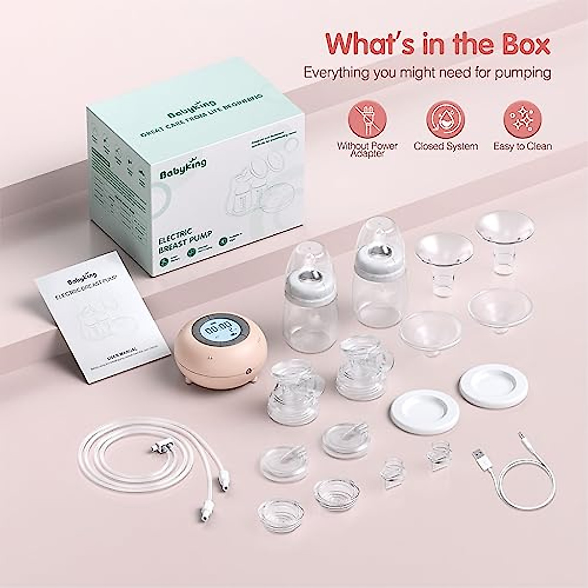 Breast Pump, BabyKing Electric Breast Pump with 3 Modes & 15 Levels, Pain Free Strong Suction Power, Ultra-Quiet Rechargeable for Travel & Home