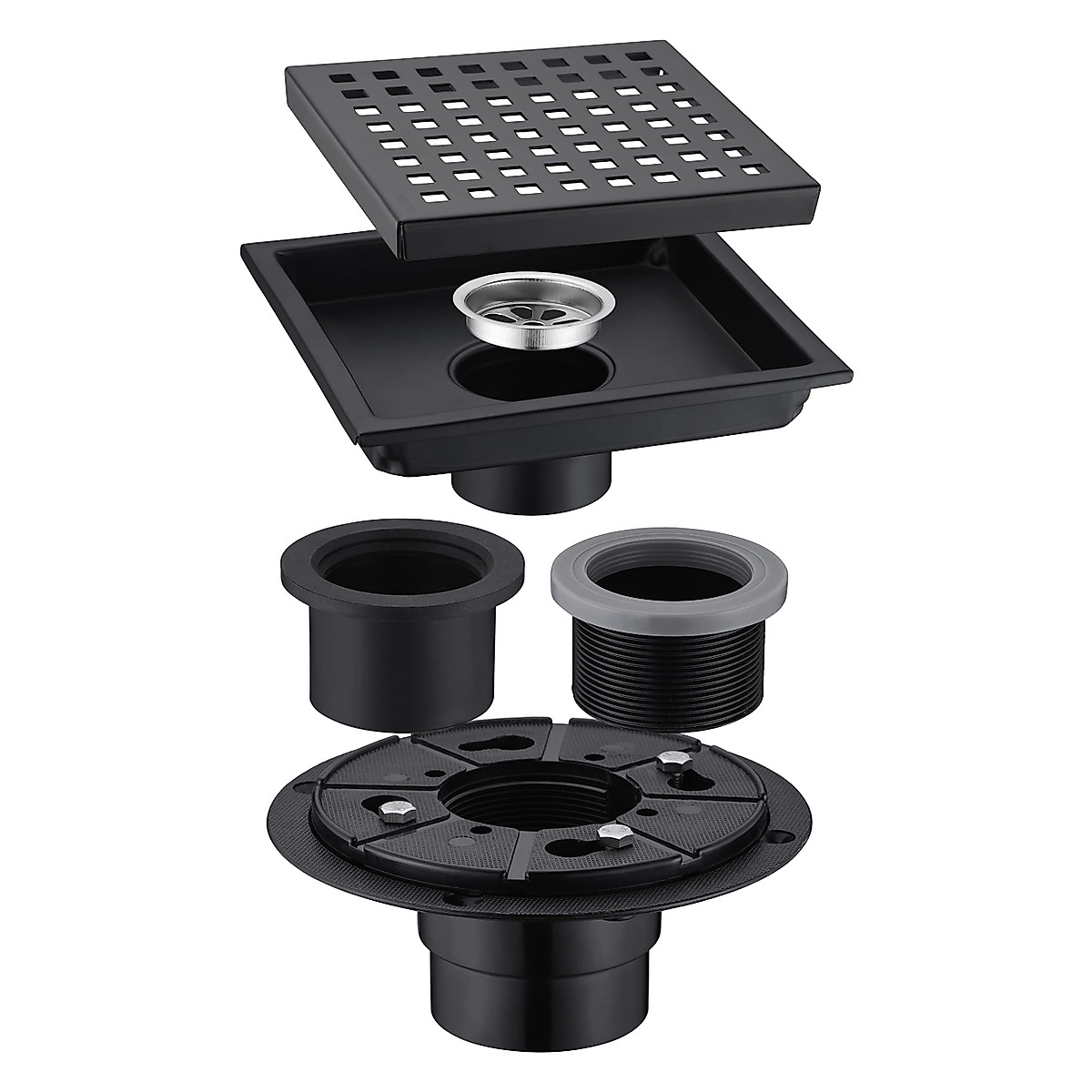 BIHAI 6 Inch Square Shower Drain with Flange, 15cm Matt Black Bathroom Floor Drain, Quadrato Pattern Grate Removable Cover, Bath Drain, Wall Drain, Stainless Steel Drain (Mat Black)