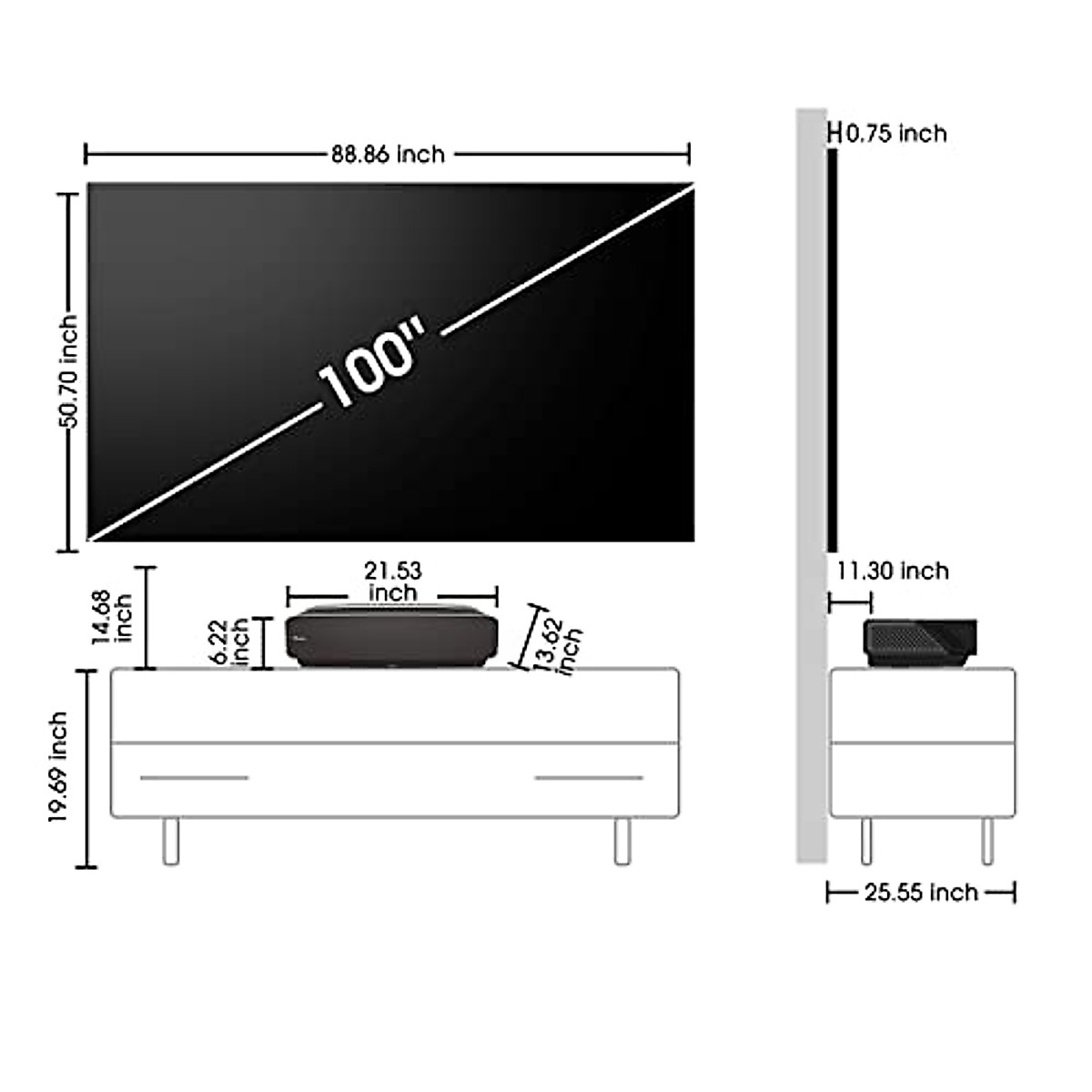 Hisense 100L5G-DLT100B 4K UHD Ultra-Short Throw Laser TV 100" High Gain ALR Screen, 2700 lumens, Compatible with Dolby Atmos, Google Assistant and Chromecast Built-in, Compatible with Alexa