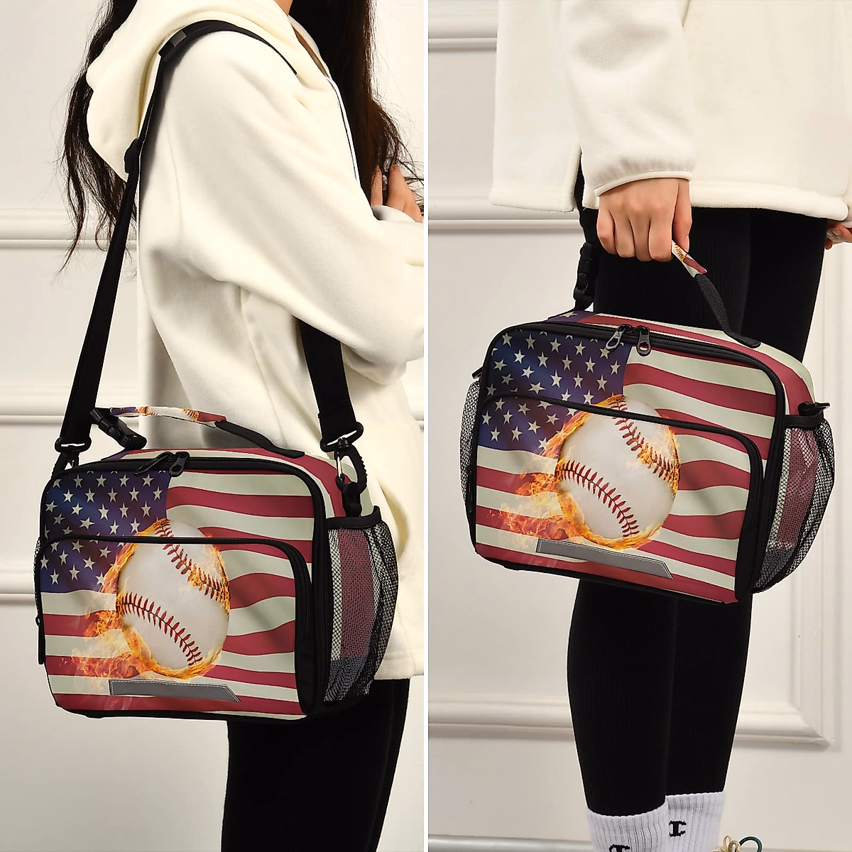 Baseball Ball Fire Lunch Bags for Women Men Us Flag Stars Thermal Cooler Bag Lunch Box Insulated Reusable Organizer Tote Lunch Bag with Adjustable Shoulder Strap for Work Picnic Beach Sporting
