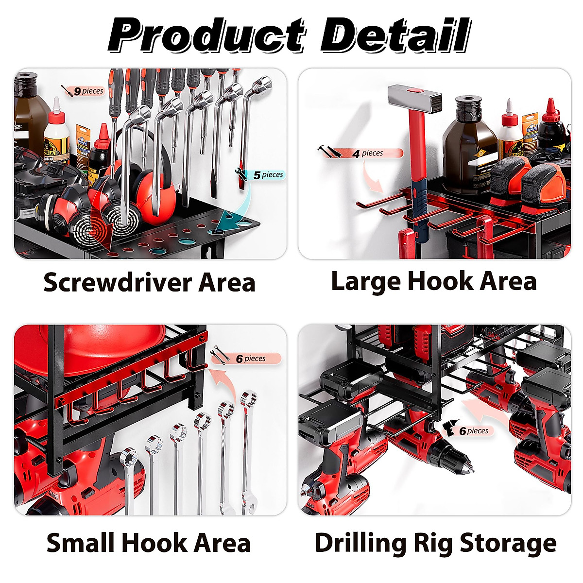 CATCHLUCK Power Tool Organizer Power Tool Storage 6 Drill Holder Wall Mount, Heavy Duty Metal Power Tool Rack 4 Layer 12 Hooks Tool Organizer