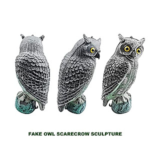 Christmas Owl Decoys to Scare Birds Away with 4 Pcs Hanging Reflective Bird Scare Spiral Rods, Plastic Fake Owl to Keep Birds Away