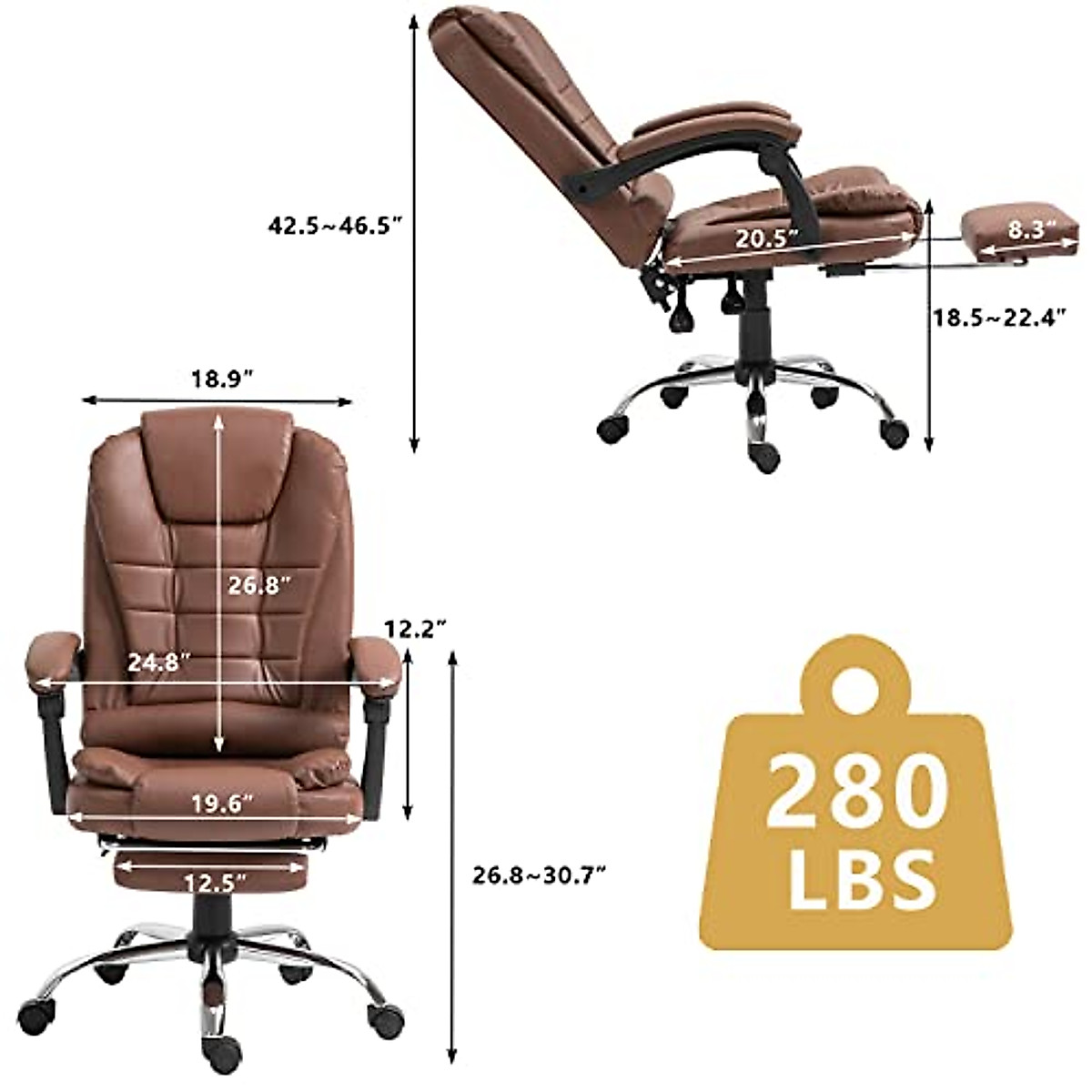 Joyo Funiture Vibration Massage Office Chair, Reclining Office Chair w/Footrest, High-Back Office Chair, PU Leather Computer Desk Chair w/Height & Armrest Adjustable, 250 lb Capacity, Brown