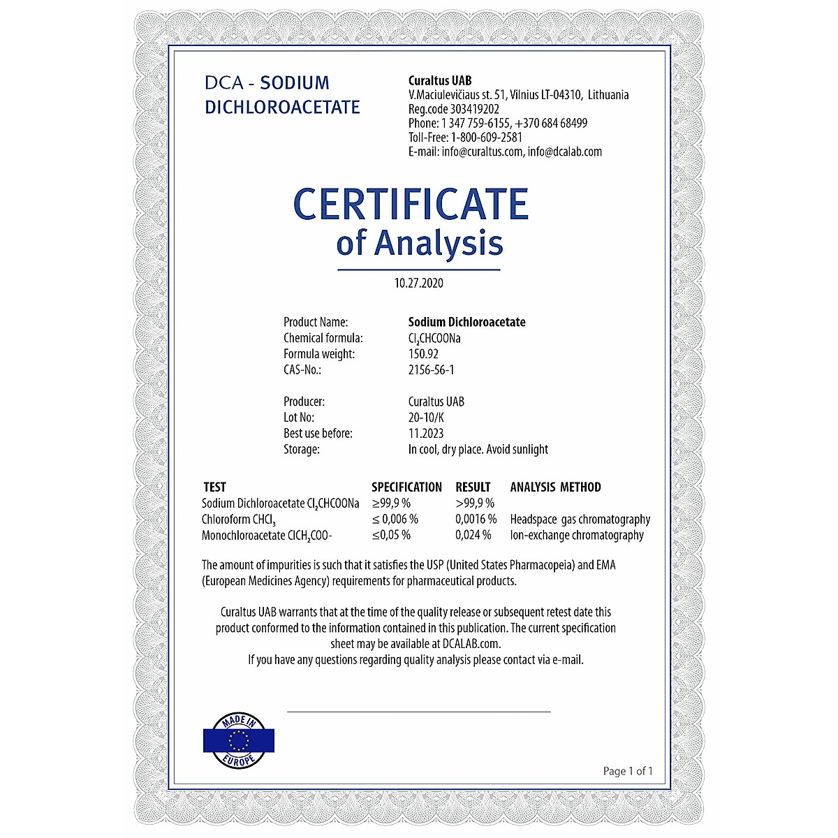 DCA - Sodium Dichloroacetate 500g Bulk Powder, Purity >99.9%, Made in Europe, by DCA-LAB, Certificate of Analysis Included, Tested in a Certified Laboratory, Buy Directly from Manufacturer, 1.7lbs