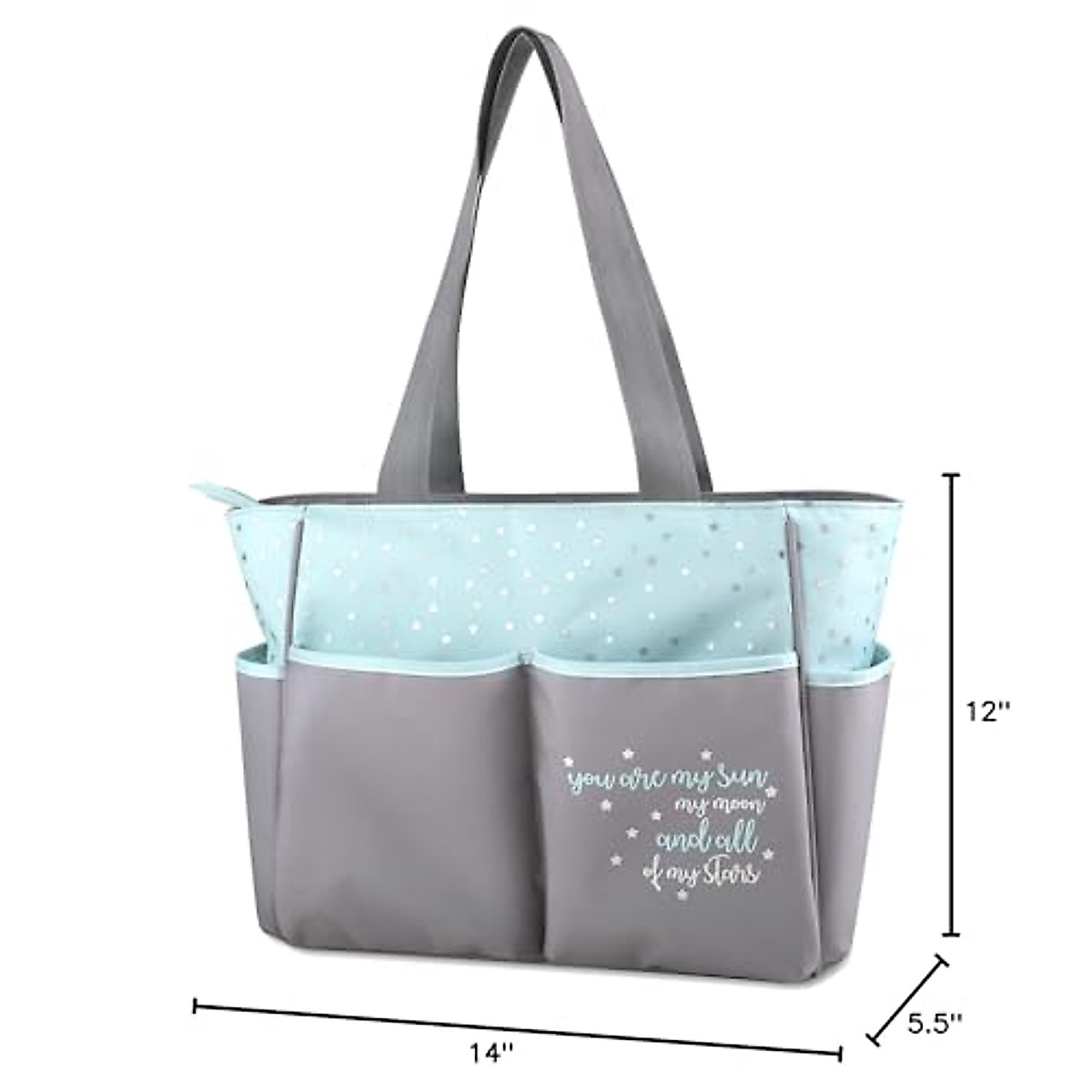 Baby Essentials Diaper Bag Tote 5 Piece Set with Sun, Moon, and Stars, Wipes Pocket, Dirty Diaper Pouch, Changing Pad (Grey/Aqua)