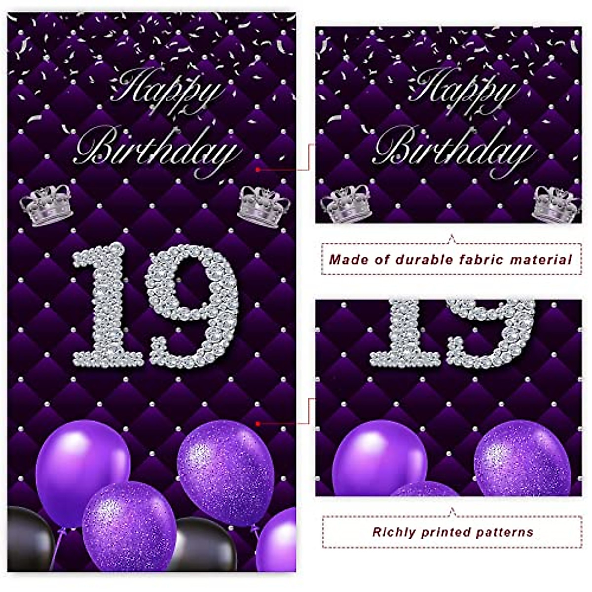 Happy 19th Birthday Purple Banner Backdrop Photo Booth Props Balloons Silver Crown Theme Decor for Woman Nineteen Year Anniversary 19 years Old Birthday Party Favors Supplies Decorations