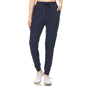 Leggings Depot JGA-R987-L Retro Polka Dots Printed Jogger Pants w/Pockets, Large
