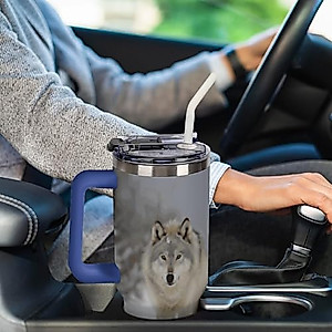 40 Oz Vacuum Tumbler with Deep Blue Handle Leakproof Insulated Tumbler Two Wolves Walking in The Snow Stainless Steel Travel Mug with Lid And Straw Coffee Cup Cute Water Bottles Cup Holder Friendly