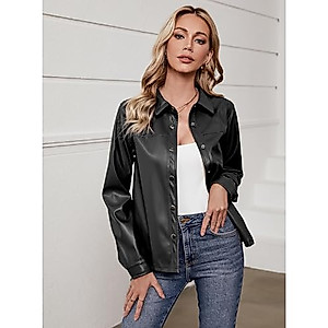 luvamia Faux Leather Jackets for Women Long Sleeves Vegan Leather Shackets Jacket Side Pockets Trendy Moto Biker Coat Womens Shacket Fall Outfits for Women 2023 Black Blazer for Women Size 16 Size 18