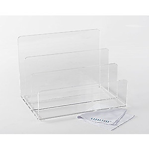 Unum Crystal Clear Acrylic Desktop File Sorter Holder - Lucite Mail, Paper, Folder, Letter Organizer – Makeup Palette Organizer - Thick Cast Acrylic 9" x 6.75" x 6.5"