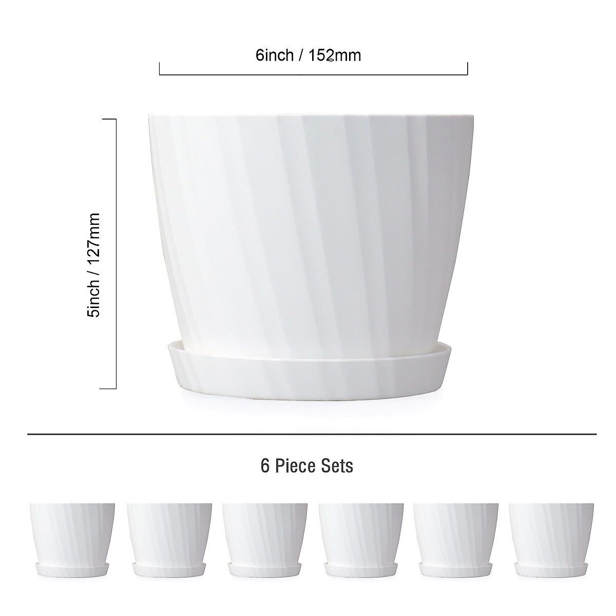 UOUZ 6'' Plant Pots Bulk, 6 Pack Plastic Planters with Drainage Holes and Saucers for Indoor Outdoor House Plants and Flowers, White