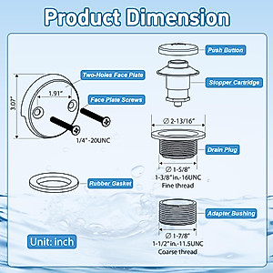 Kedra Gold Bathtub Drain Tip-Toe Tub Trim Kit with Two-Hole Overflow Faceplate, All Brass Bathtub Drain Stopper Plug with Universal Fine/Coarse Thread, Lift & Turn Tub Conversion Set, Brushed Gold