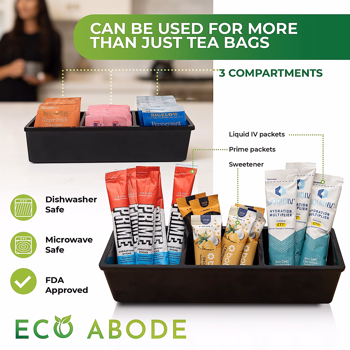 Modern Tea Bag Organizer - Small Bamboo Eco-Friendly Countertop Tea Organizer for Tea Bags - Tea Box Organizer for Hot Tea Storage, Teabag Caddy, Drink Packet Organizer, Kcup Coffee Pod Holder (Black)