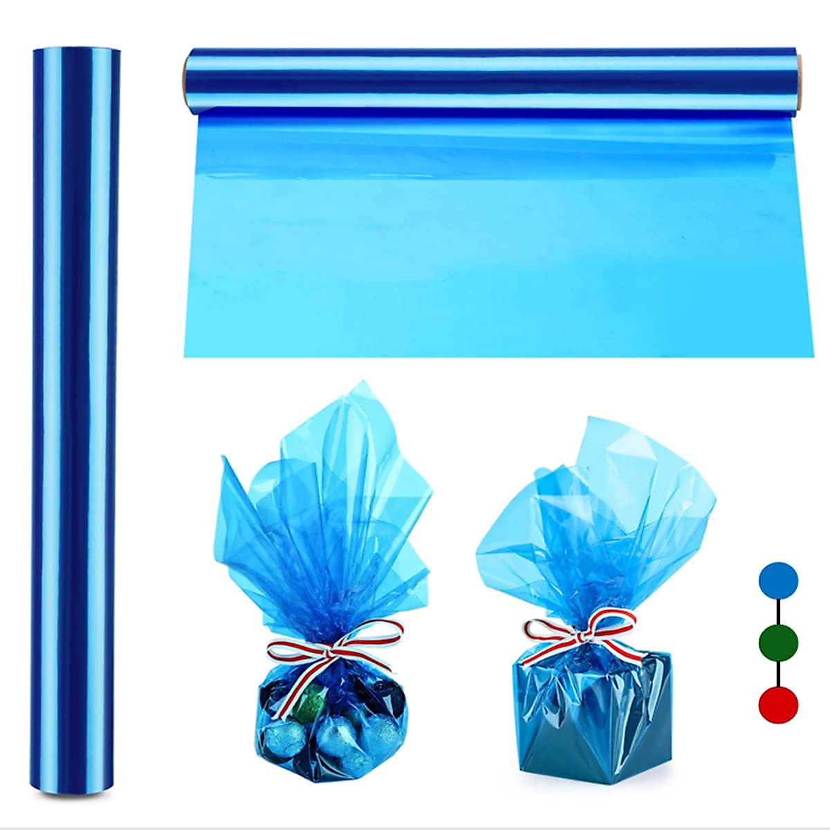 100ft Extra Wide Blue Cellophane Wrap Roll (100ft. Long x 17 in. Wide x 2.3 Mil Thick) - Blue Transparent Cellophane Roll for Gift Basket Wrap - Plastic Wrap for Baby Shower Decorations, Treats, Graduation Gift Wrapping.