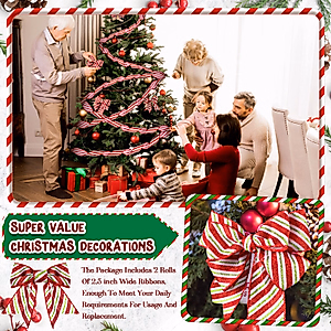 2 Rolls Christmas Wired Ribbon Red Green Stripe Glitter Ribbon Xmas Wrapping Burlap Decor for Home Party DIY Craft Bows, 2.5 Inch 20 Yards (White)