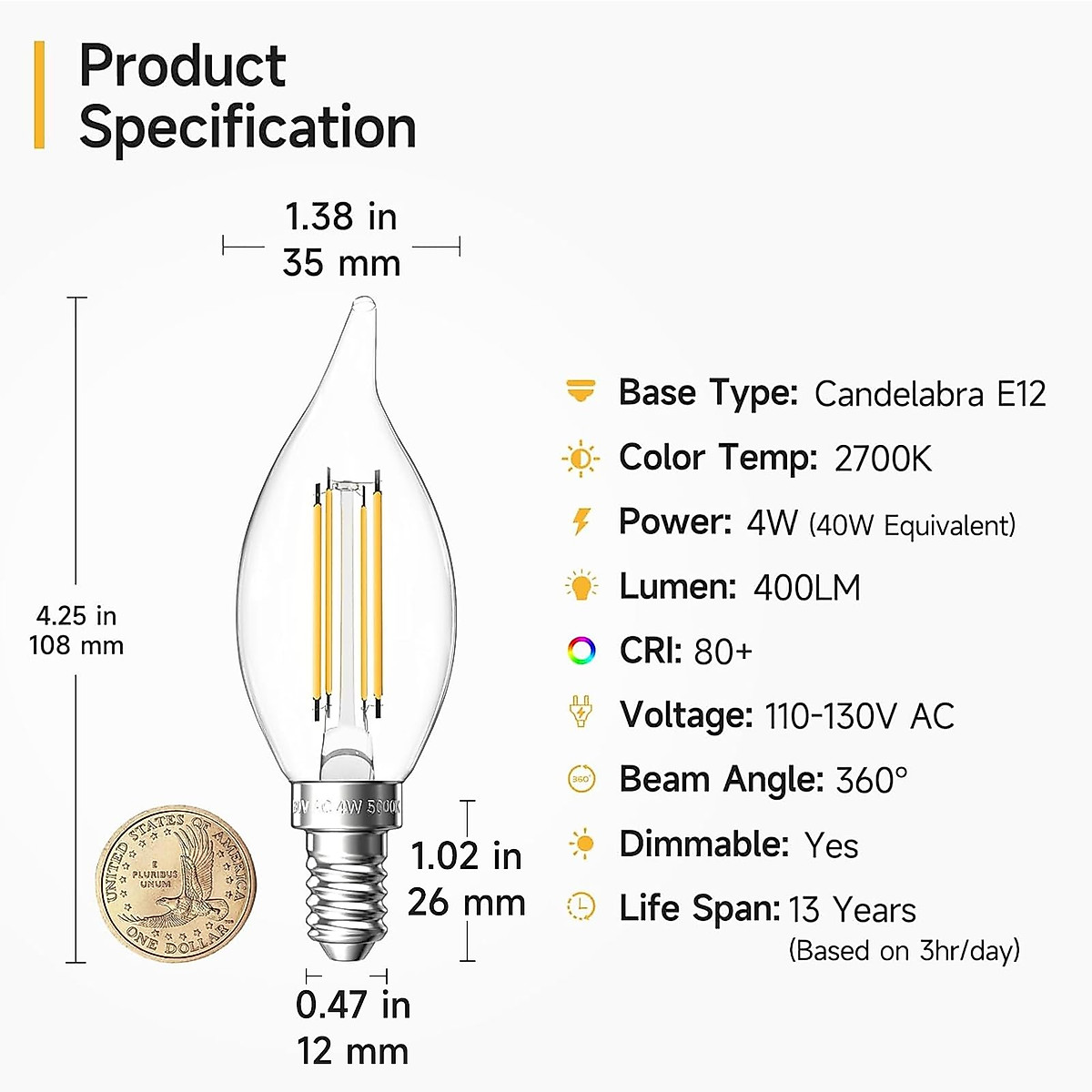 SHINESTAR 8-Pack Chandelier Light Bulbs, 2700K Warm White, 120V 40W Equivalent, E12 Candelabra LED Bulbs, Dimmable